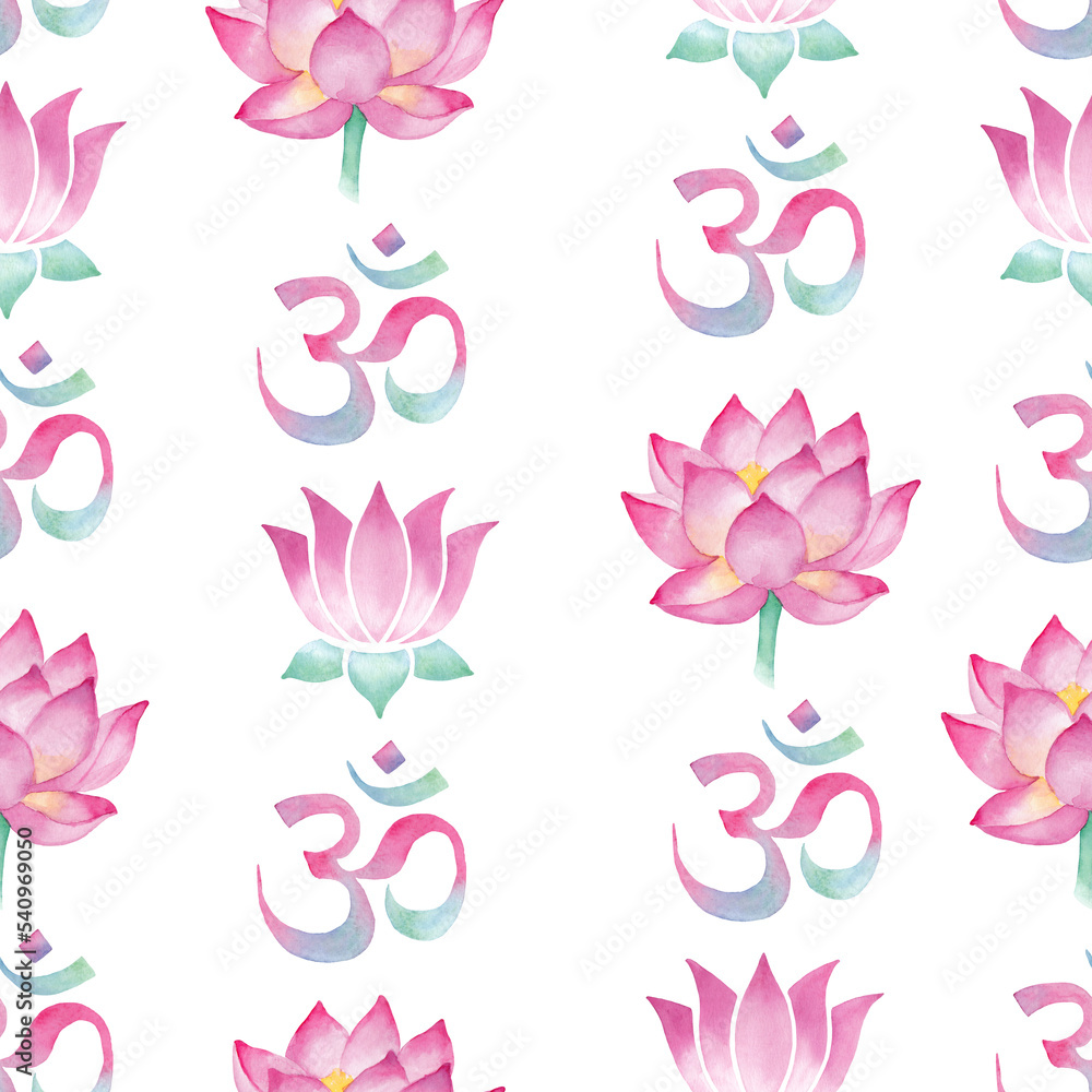 Watercolor seamless pattern with lotus symbol and Om, Aum - symbol of ...