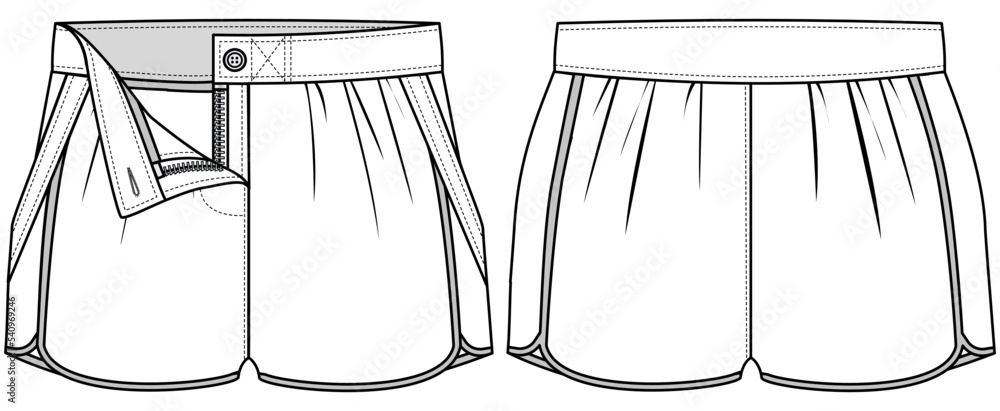 women shorts front and back view technical drawing template. casual ...