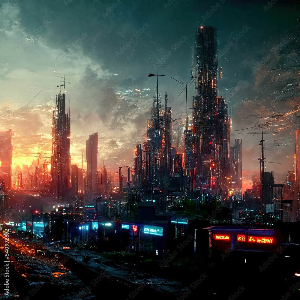 AI generated digital art of a post-apocalyptic futuristic city with ...