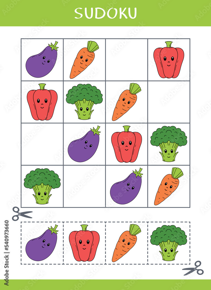 Sudoku for kids. Simple logic game. Cut and glue. Vector worksheet ...