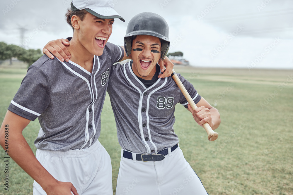 Baseball, success and friends in celebration after winning a sports game or training match on a ...