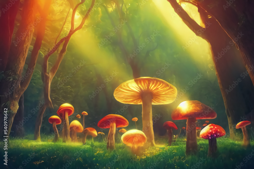 Illustration of a magic forest with beautiful big red magic mushrooms ...