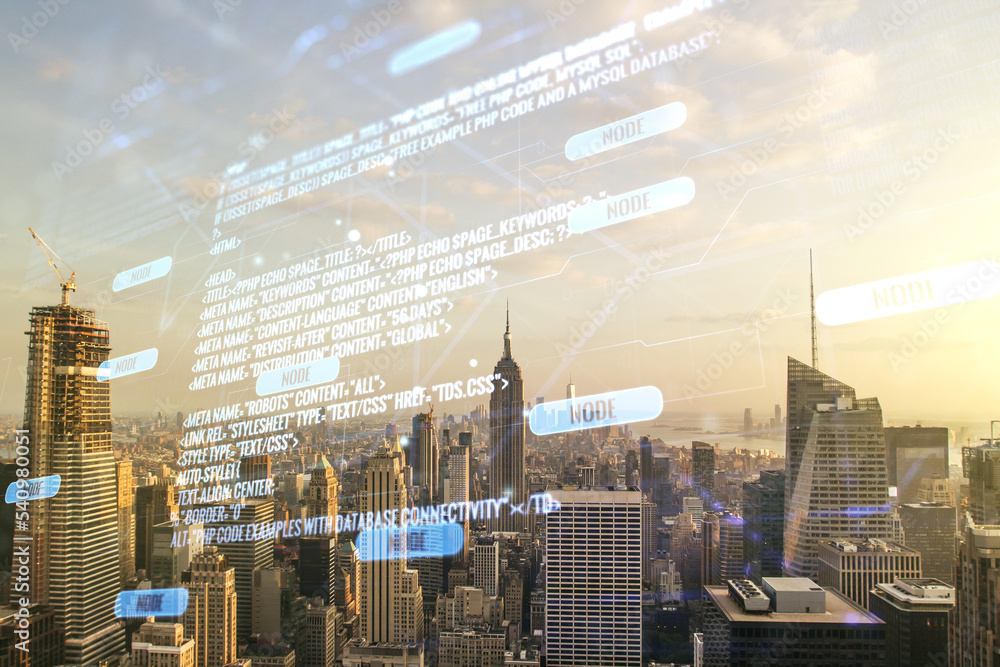 Double exposure of abstract programming language interface on New York ...