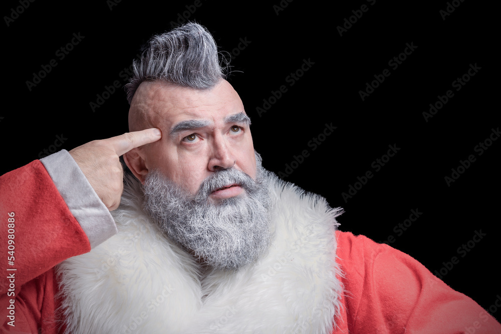 Evil aggressive gray-haired old man Santa in a bad mood. Severe ...