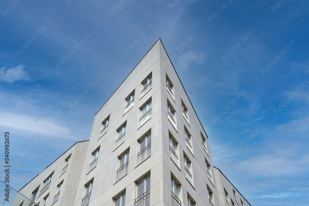Exterior of modern white house, bottom and angle view. Architectural ...