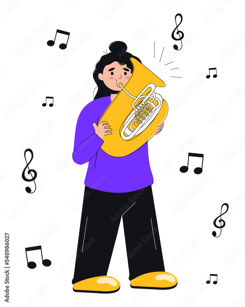 The girl plays the tuba. Vector stock illustration. White background ...
