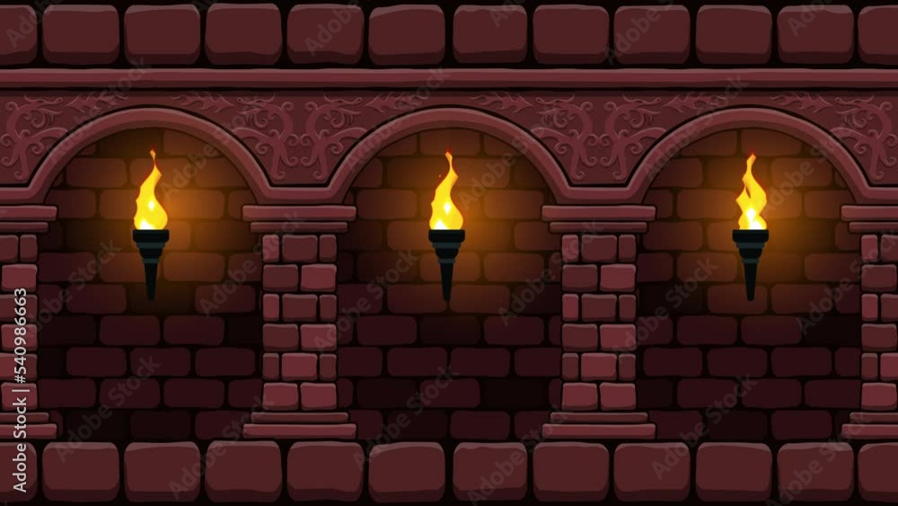 Medieval castle corridor with burning torches. 2d Game seamless ...