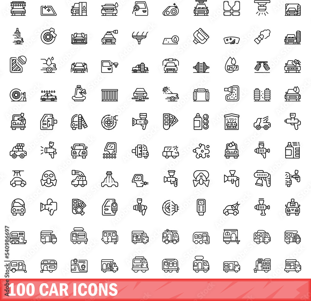 100 car icons set. Outline illustration of 100 car icons vector set ...