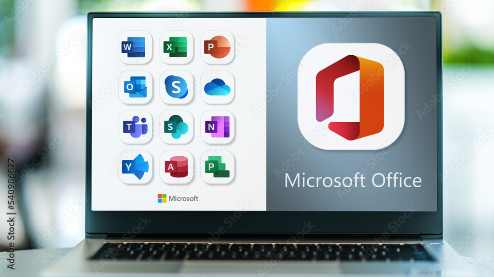 Laptop computer displaying logos of Microsoft Office Stock Photo ...