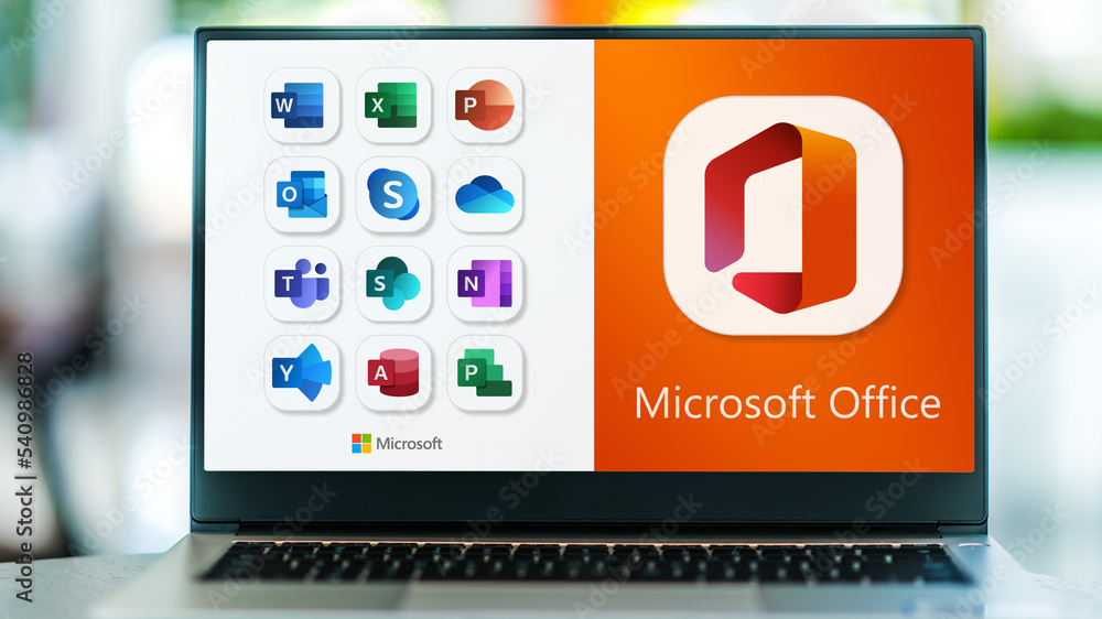 Laptop computer displaying logos of Microsoft Office Stock Photo ...