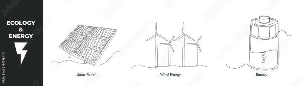 Single one line drawing energy and ecology concept set. Solar panel ...
