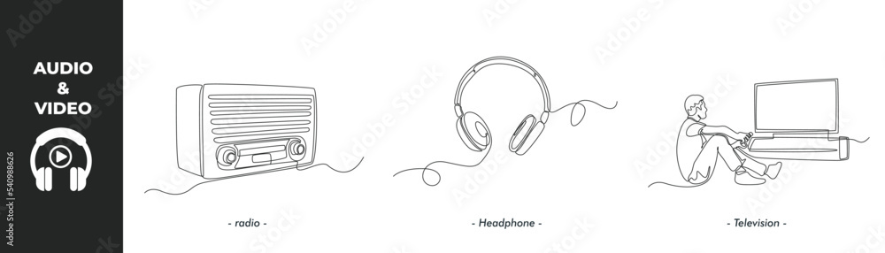 Continuous one line drawing winter audio and video concept set. Radio ...