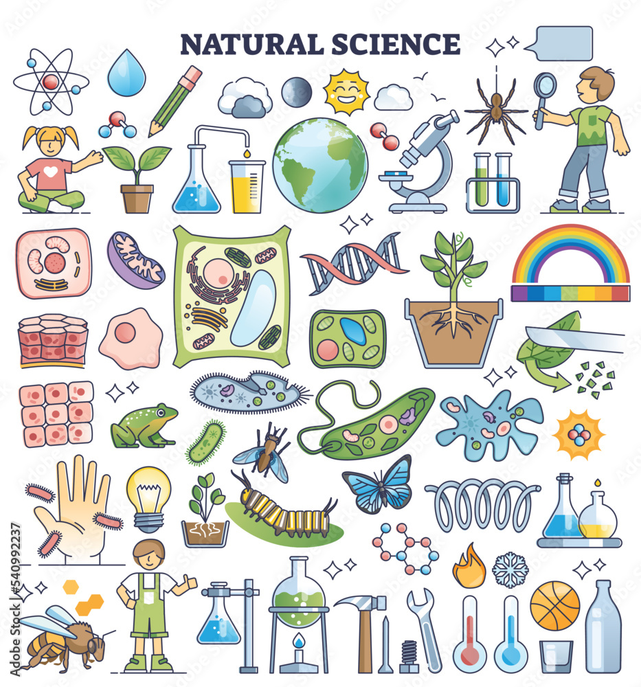 Natural science kids elements with biology subjects outline collection ...