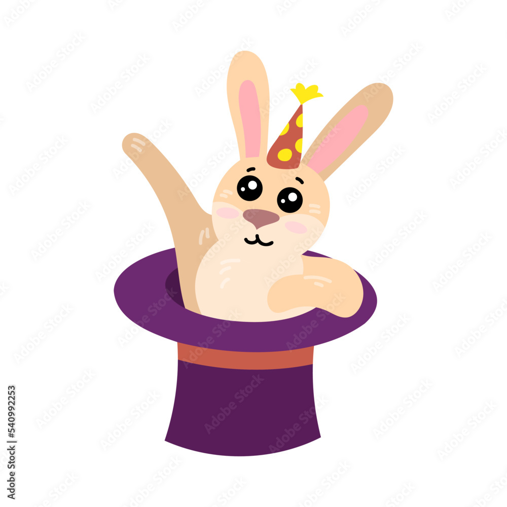 Vetor de Cute little bunny inside magician hat. Bunny showing up out of ...