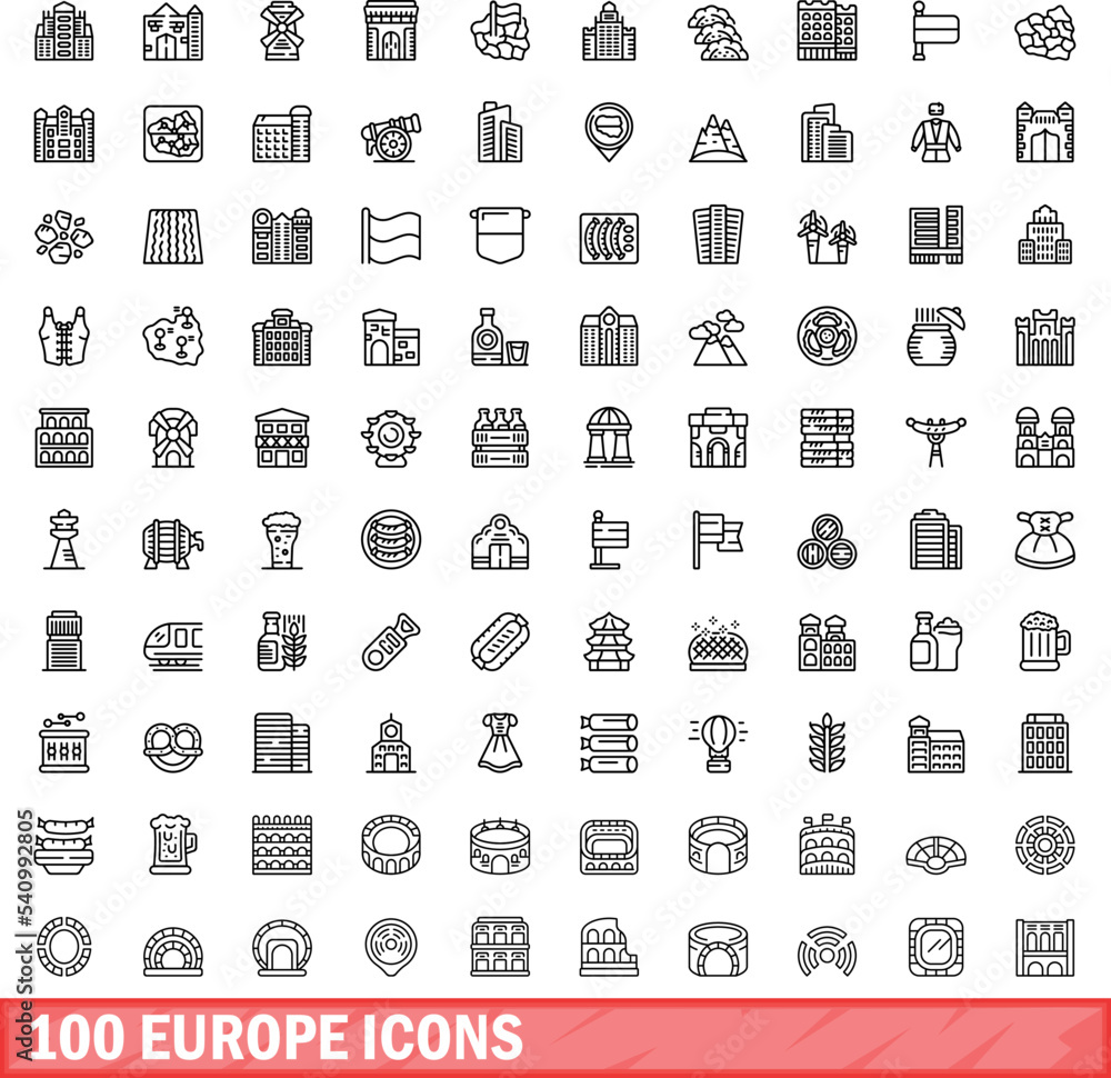 100 europe icons set. Outline illustration of 100 europe icons vector ...