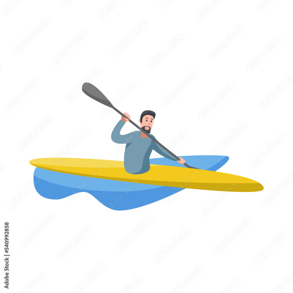 Caucasian man kayaking with paddle on white background. Male character ...