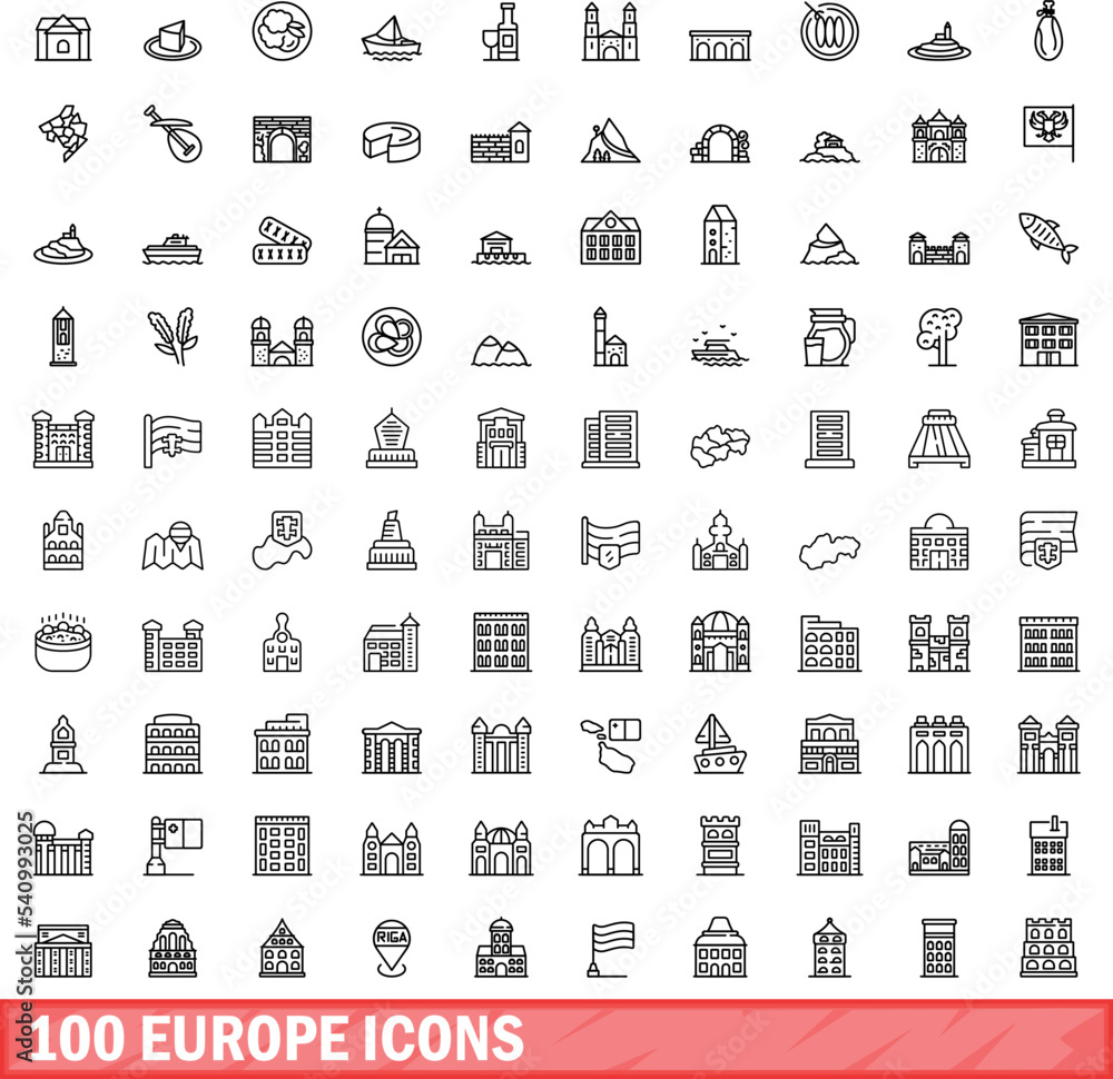 100 europe icons set. Outline illustration of 100 europe icons vector ...