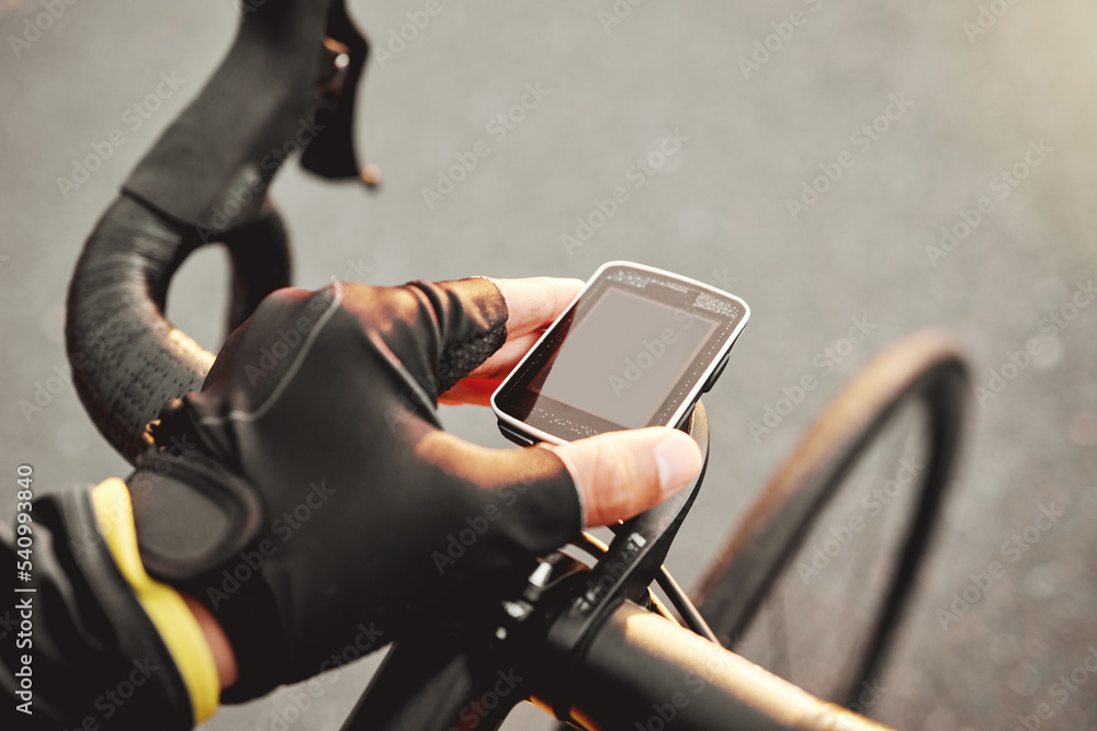 bicycle speedometer, sports man and speed check on bike ride wellness ...