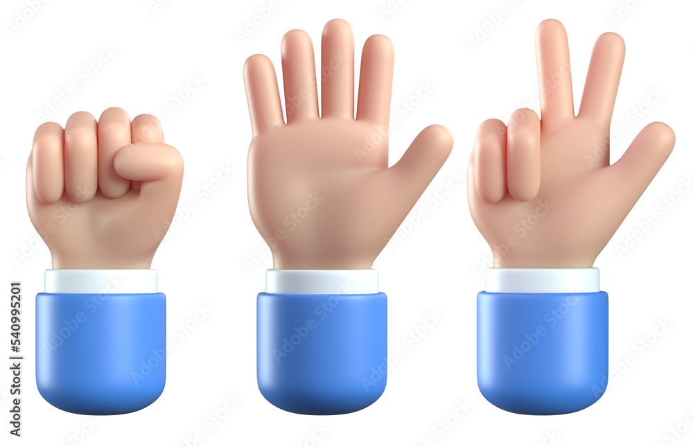 Rock paper scissors 3d cartoon hand gestures 3d rendering Stock ...