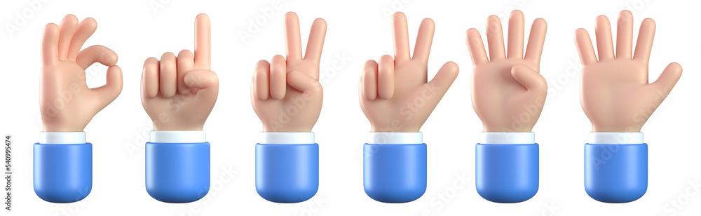 Poster 3d cartoon hands showing numbers from zero to five, countdown ...