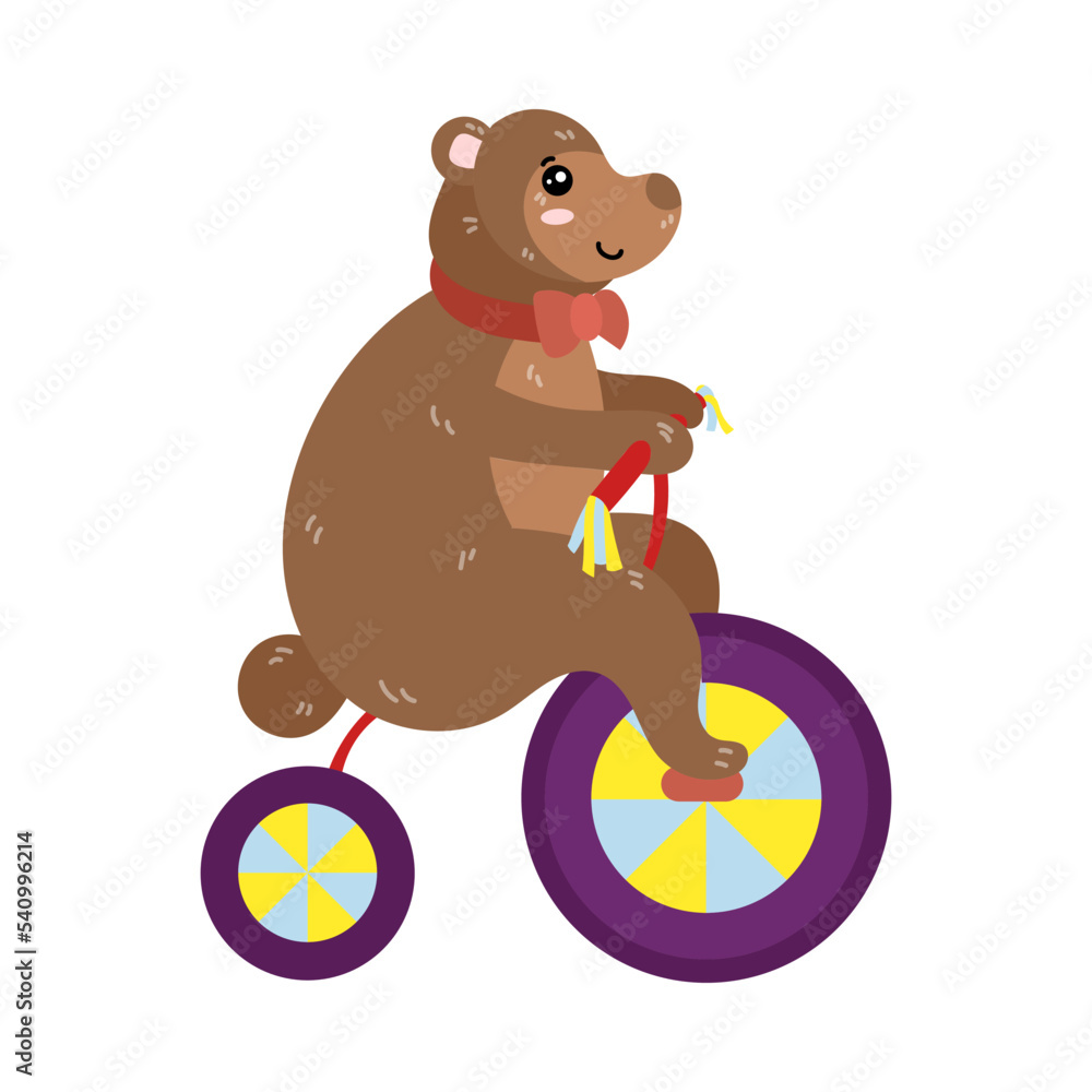 Cute colorful bear on bike. Bear riding circus penny-farthing. Vector ...