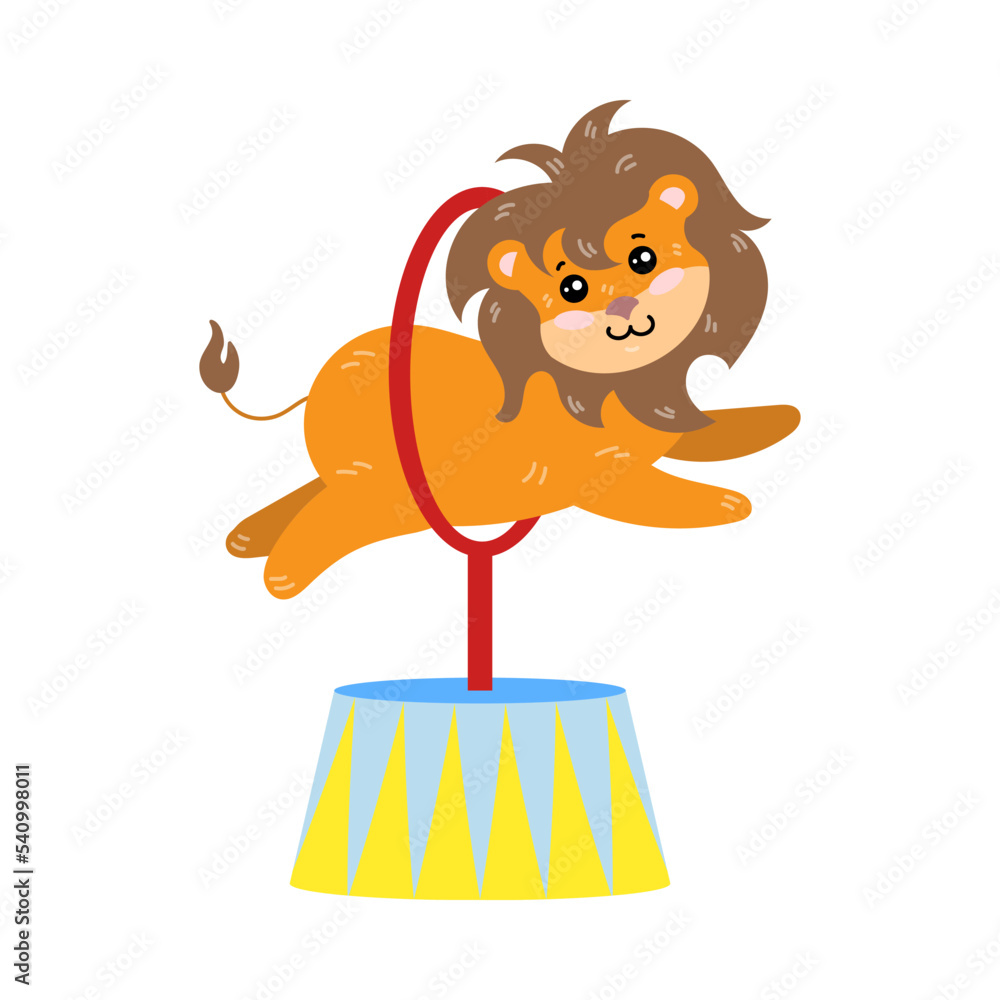 Cute lion jumping through ring. Trained lion performing tricks. Vector ...