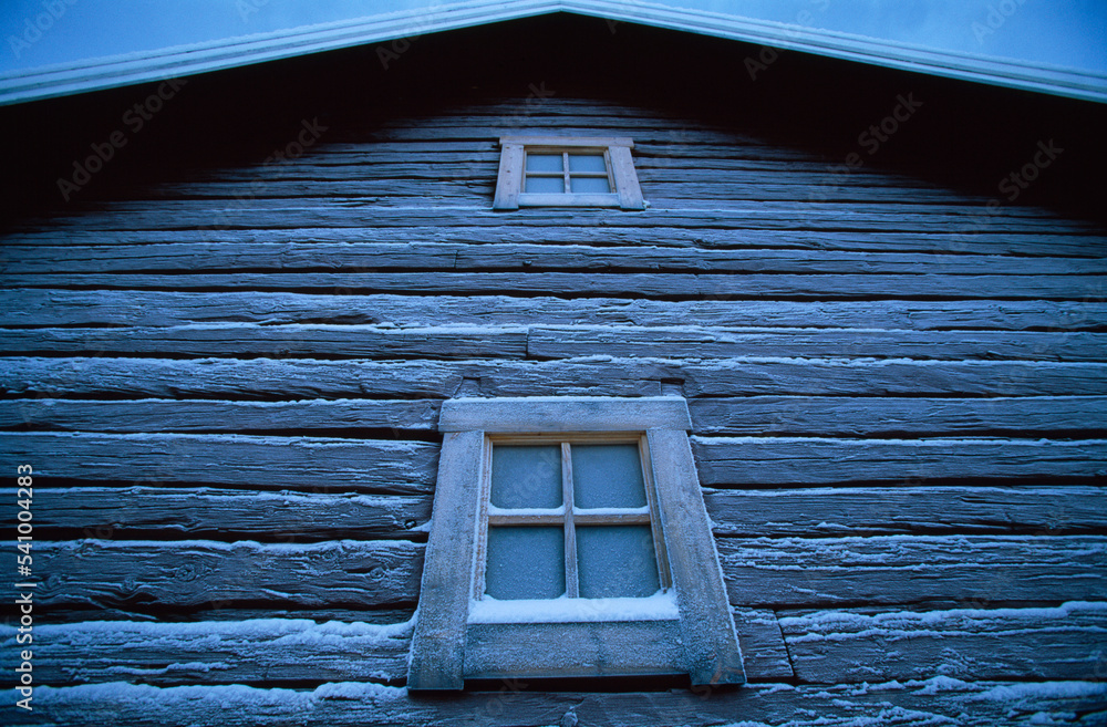Frost covered wall and window of a log cabin in Edsasdalen, Jamtland ...