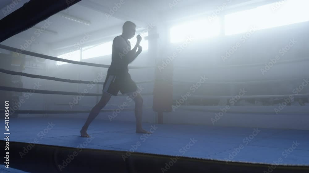 Kickboxer silhouette training punches in fighting club ring, wide shot ...