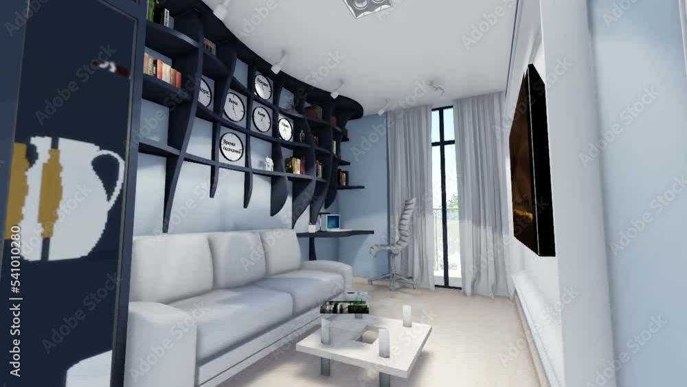 Simple drawing room design with sofa, tv station and computer desk. 3d ...