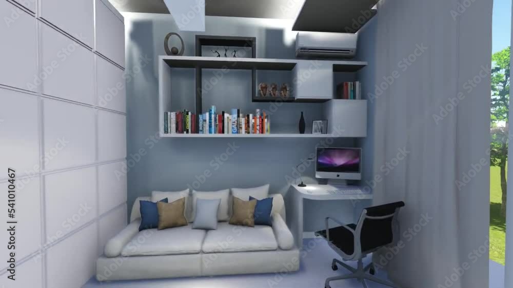 Simple drawing room design with sofa, tv station and computer desk. 3d ...