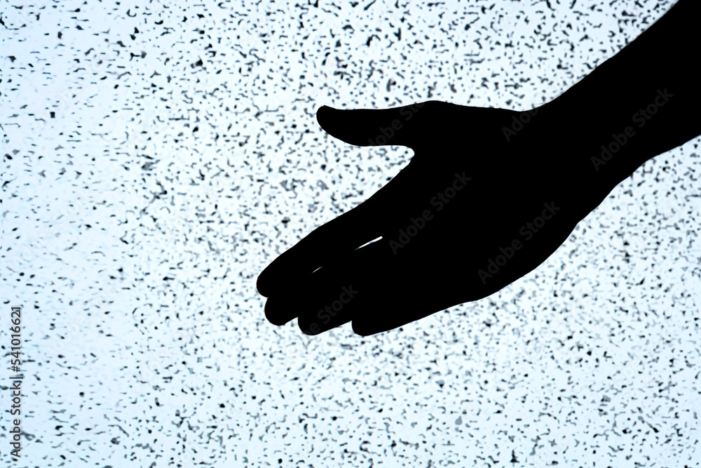 Simple outstretched hand, black silhouette isolated on TV screen, noise ...