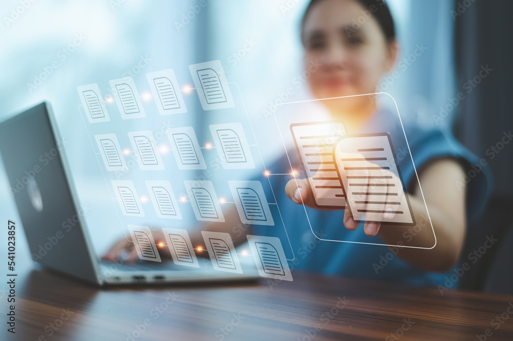 document management concept with icons on virtual screen, ERP Document ...