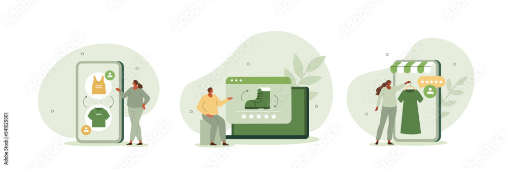 Sustainable fashion illustration set. Characters sell, buy and swap ...