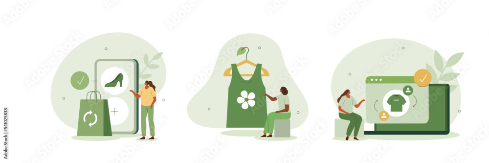Sustainable fashion illustration set. Characters consciously buying ...