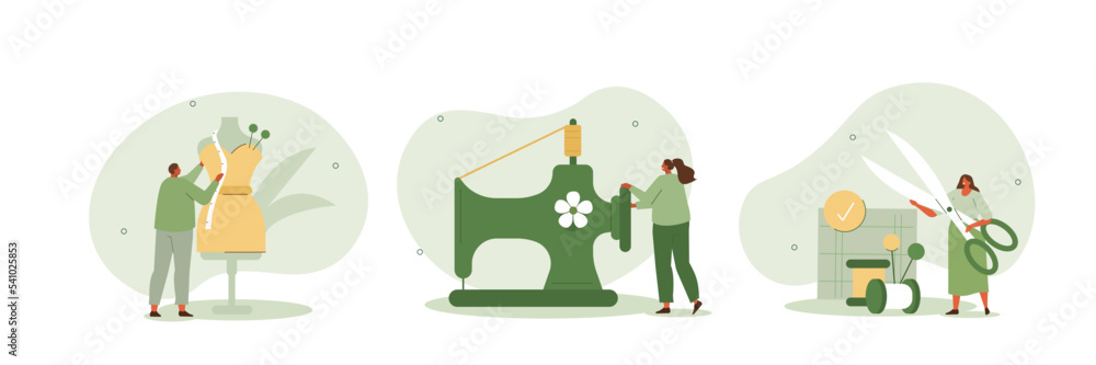Fashion designing illustration set. Characters making sewing ...