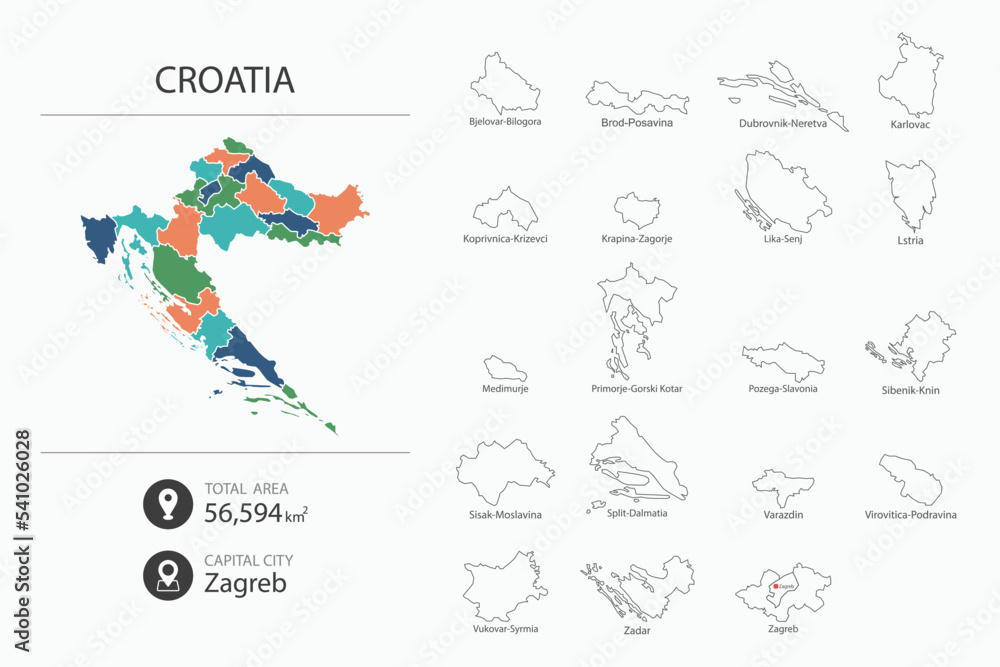 Map of Croatia with detailed country map. Map elements of cities, total ...