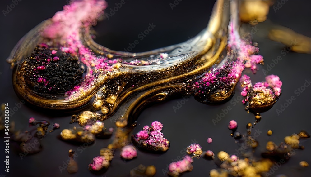 Luxurious golden fluid art with pink paint. Golden waves, smooth lines ...