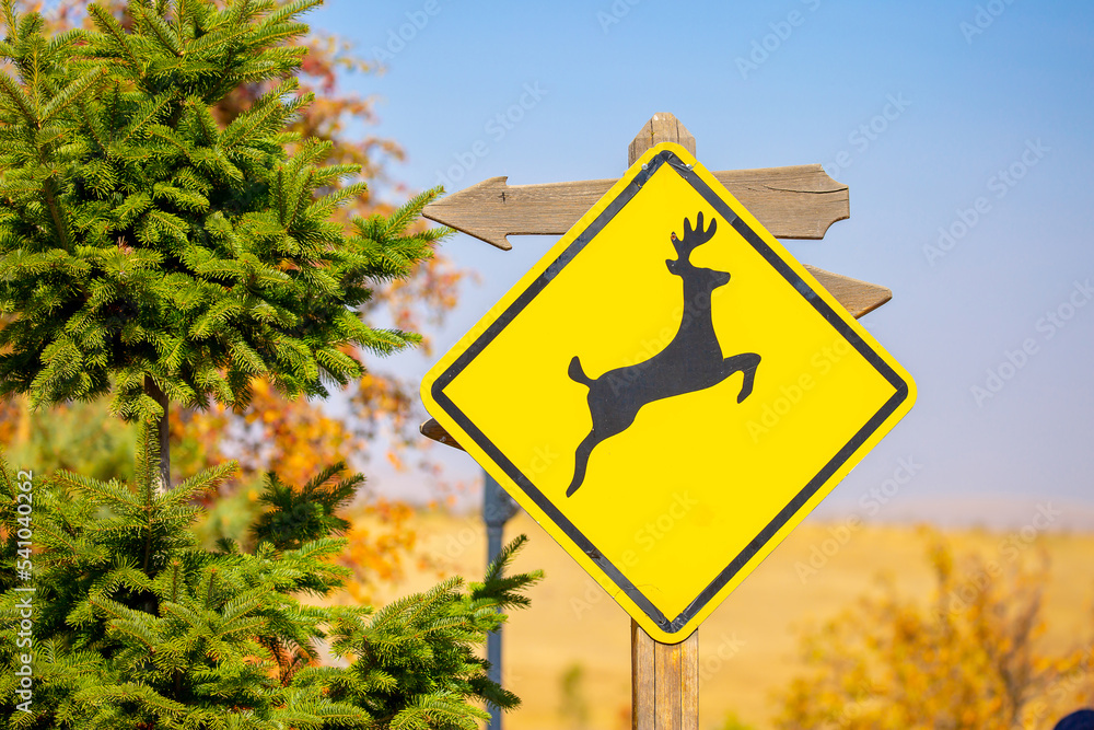 Deer crossing warning yellow sign, California, USA. Caution wild ...
