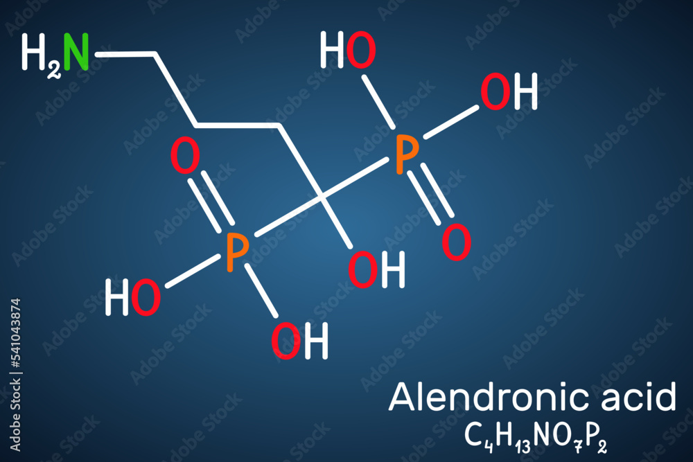 Alendronic acid molecule. It is bisphosphonate drug, used for treatment ...