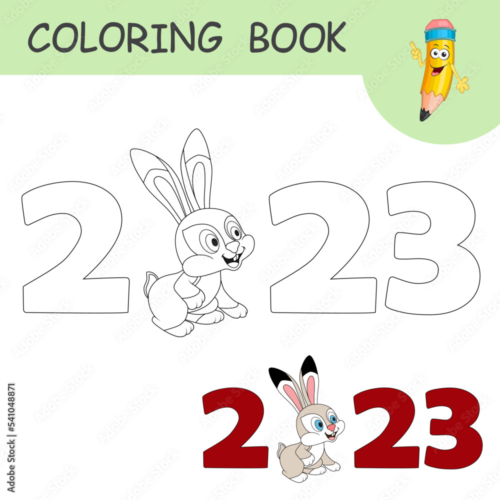 Coloring book with cartoon Rabbit sit among number 2023. Colorless and ...