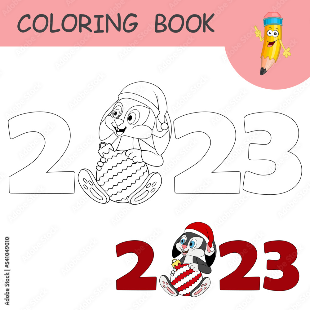 Coloring book with cartoon Rabbit with christmas ball sitting among ...