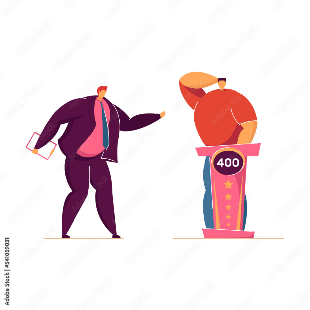 Show on TV. Cartoon host asking participants questions on show, boys ...