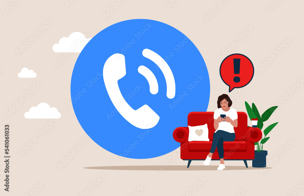 Big Accept Button. Woman receive incoming call. Phone Call ...