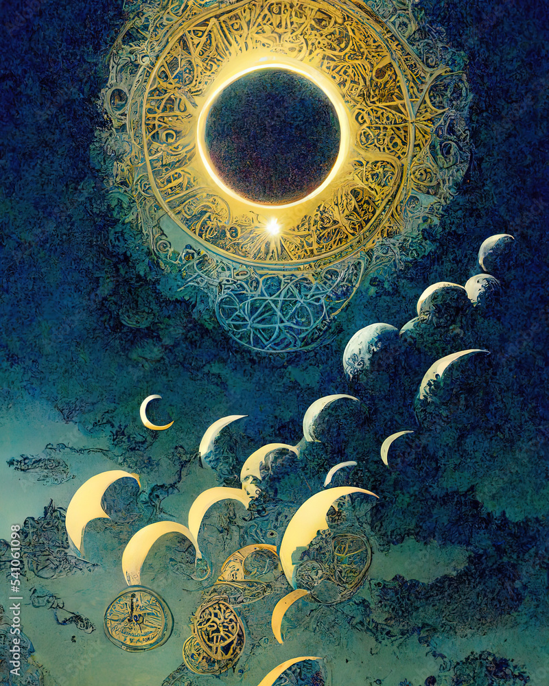 Celestial moon chart, imaginary esoteric, moon, symbols, illustration ...