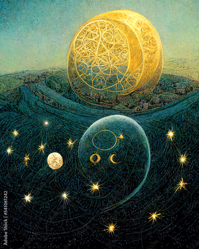 Celestial moon chart, imaginary esoteric, moon, symbols, illustration ...