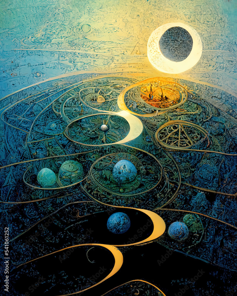 Celestial moon chart, imaginary esoteric, moon, symbols, illustration ...