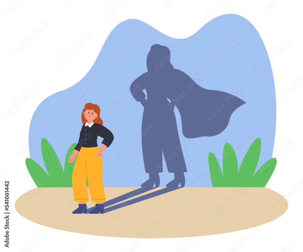 Successful woman with superhero shadow flat vector illustration. Brave ...