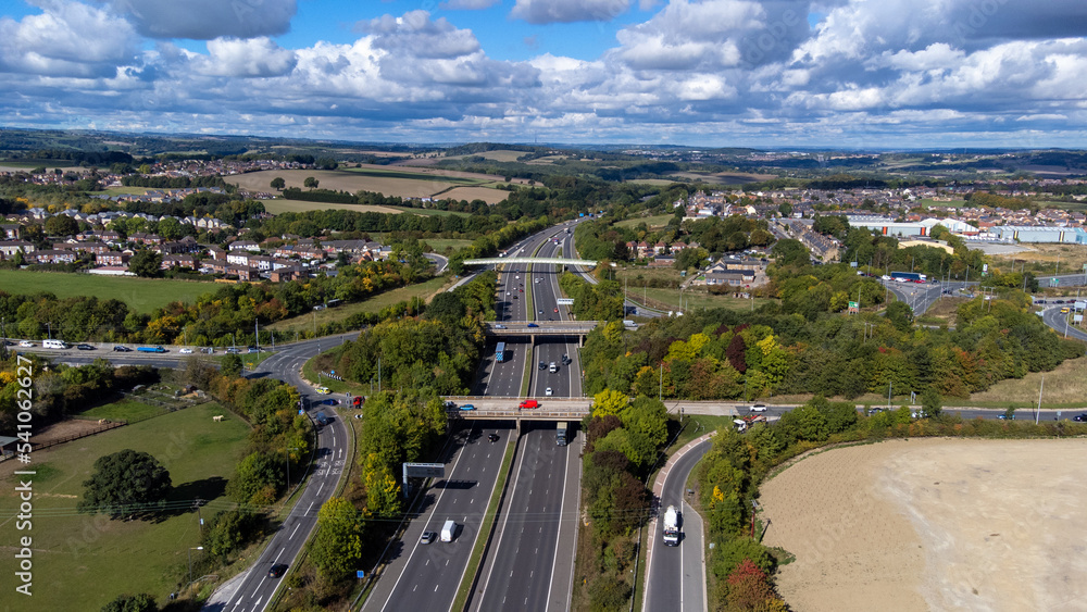 Aerial drone photo of the busy M1 motorway with three bridges crossing ...
