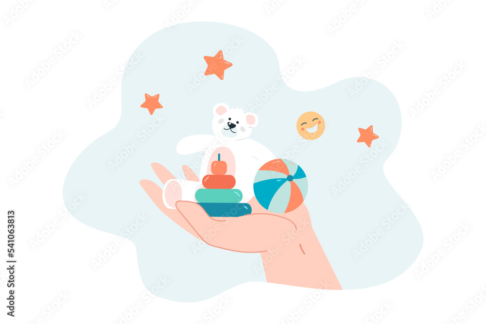 Hand holding kids toys flat vector illustration. Teddy bear, ball ...