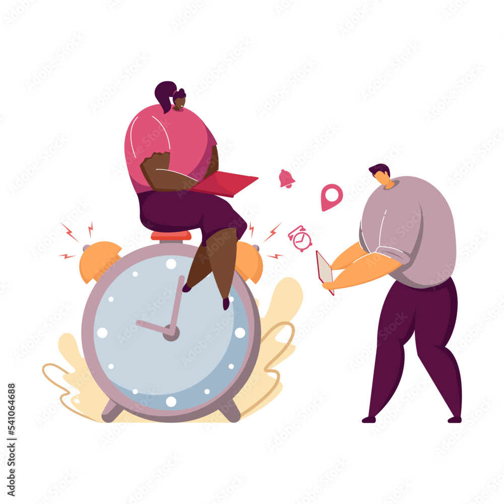 Multitasking people and countdown of alarm clock isolated flat vector ...
